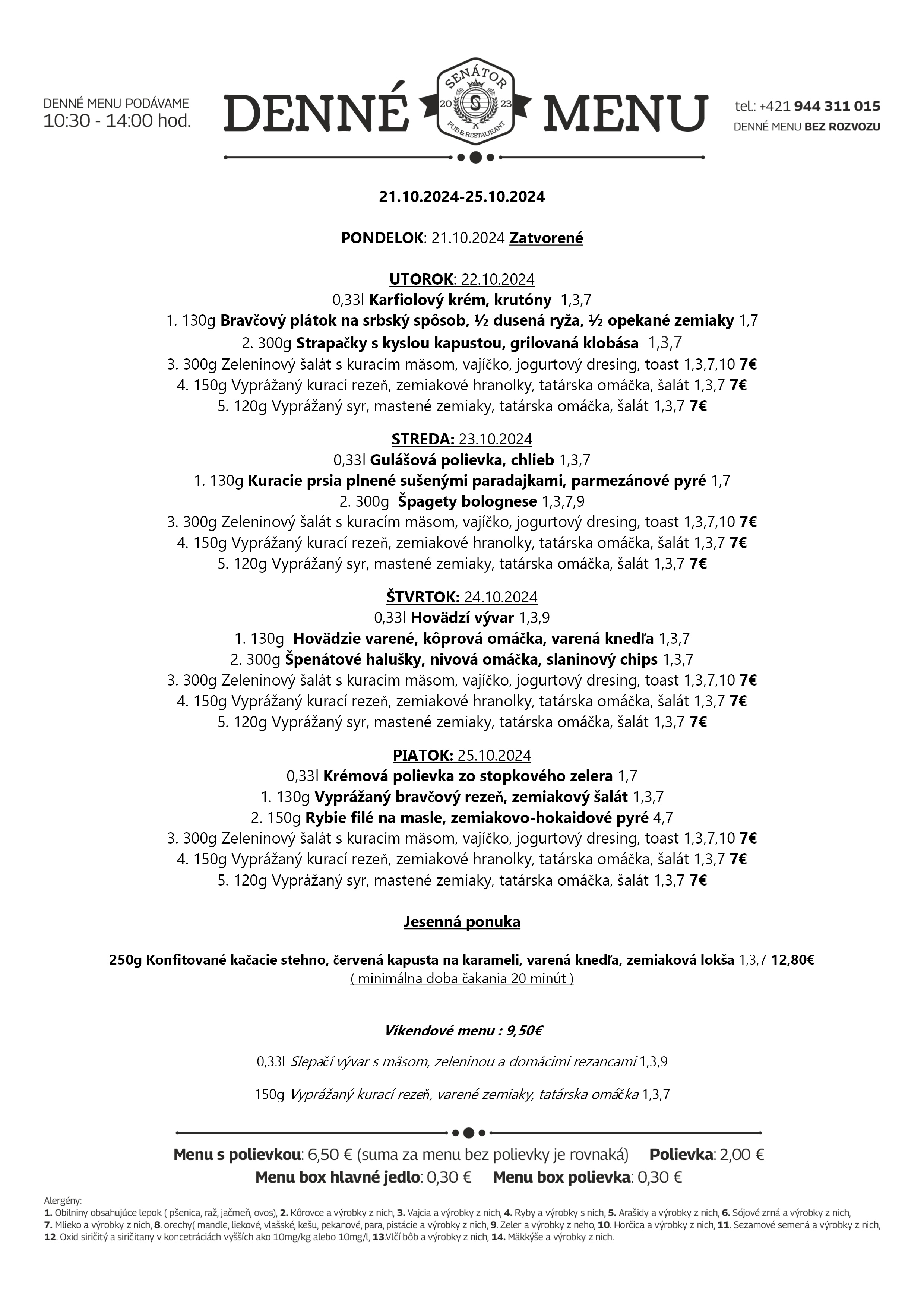 Denné menu Tvrdošín | Senatorpub.sk