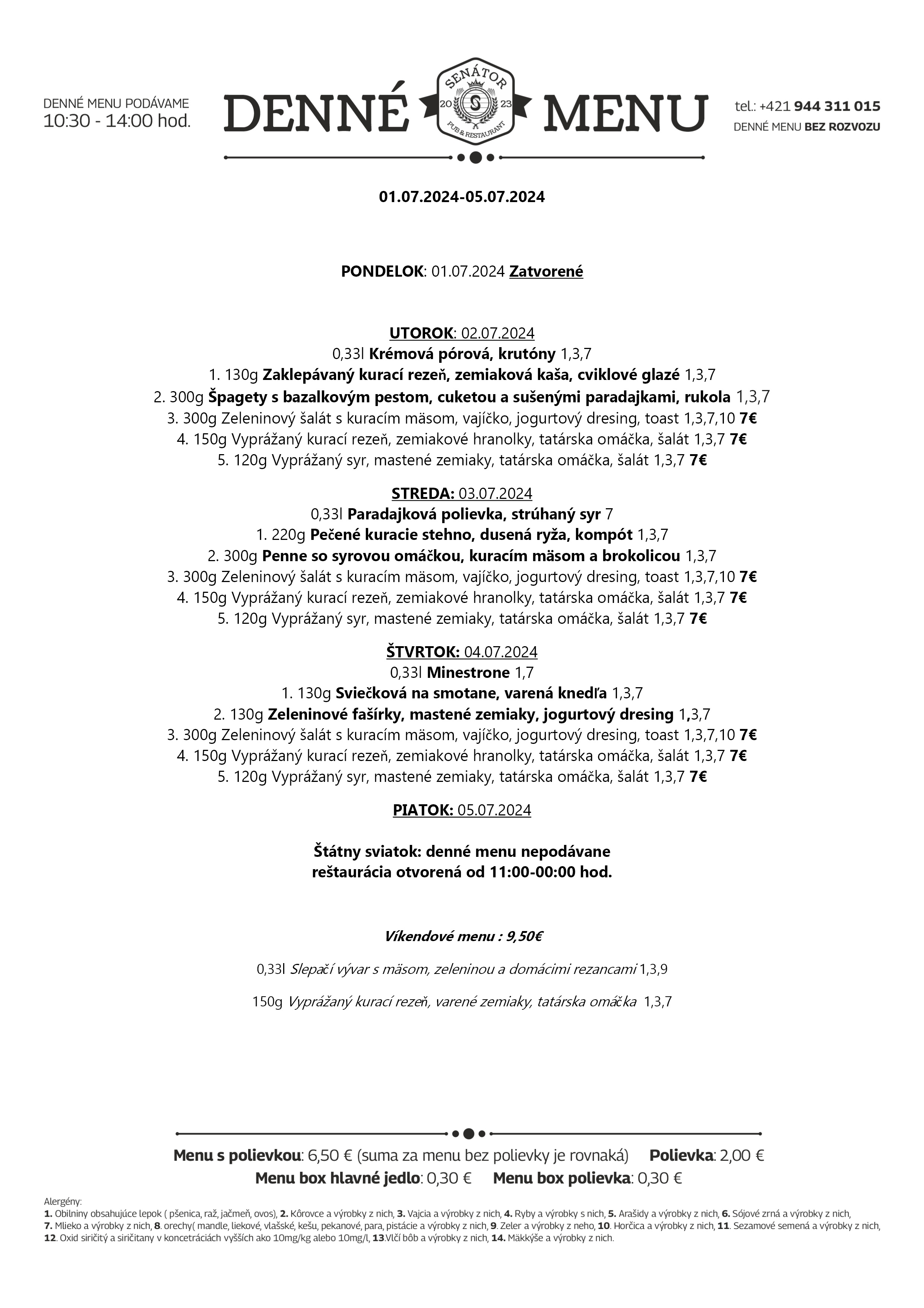 Denné menu Tvrdošín | Senatorpub.sk